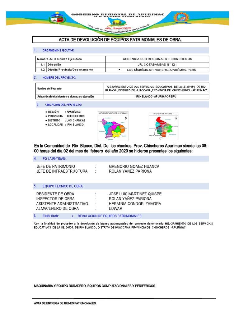 Acta de Devolucion de Equipos Patrimoniales 001 | PDF Acta de Devolucion de Equipos Patrimoniales 001 | PDF