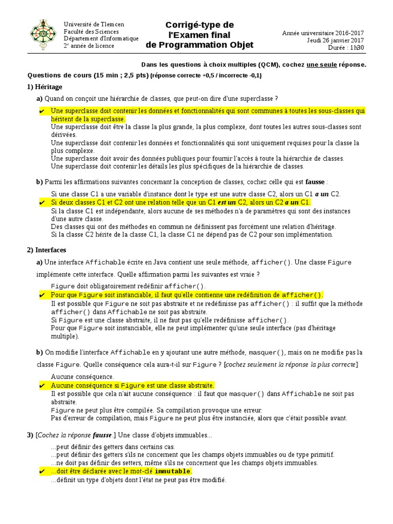 Examen Final Poo 2016 2017 Corrige Type | Download Free PDF | Classe (informatique) | Interface ...
