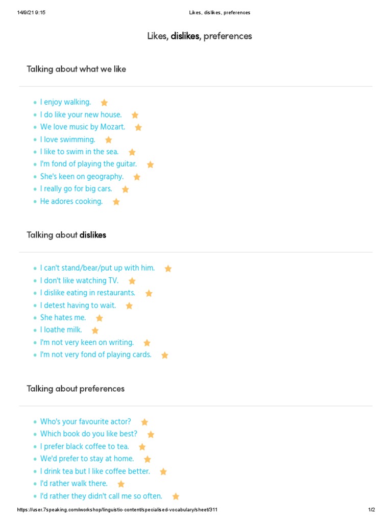 Likes, Dislikes, Preferences | PDF | Language Arts & Discipline | Art