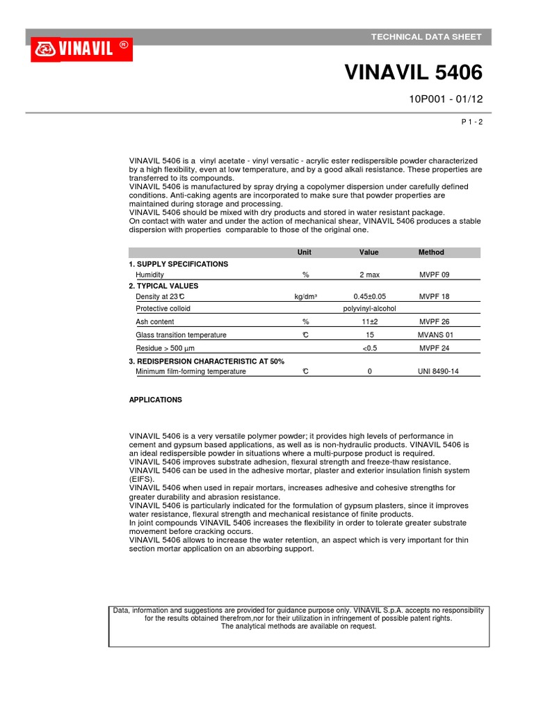 Vinavil 5406 en | PDF | Adhesive | Plaster