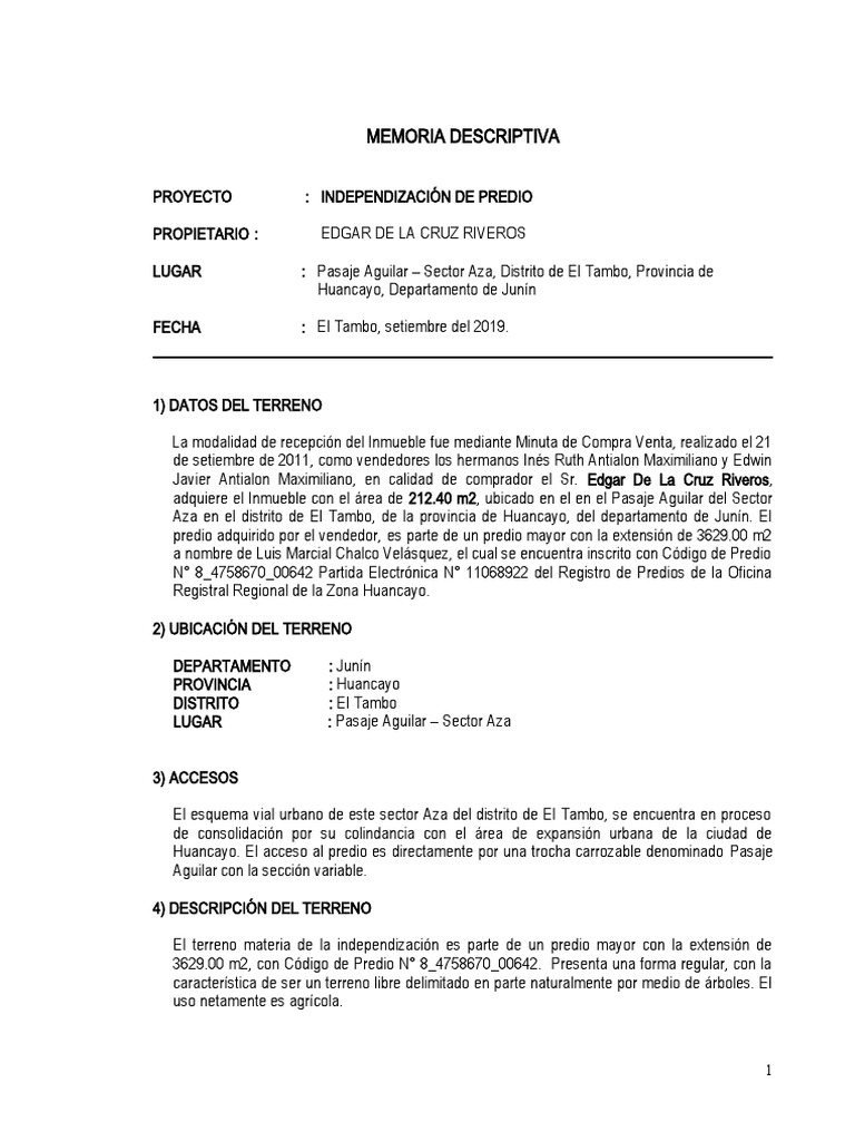 Memoria Descriptiva - Acostambo 3 | PDF | Hogar, jardinería y bricolaje