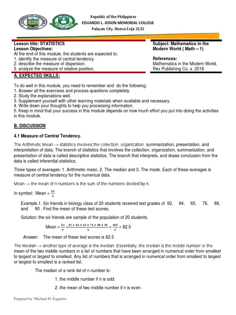 ELJMC Mathematics in The Modern World 4 | PDF | Standard Deviation | Mean