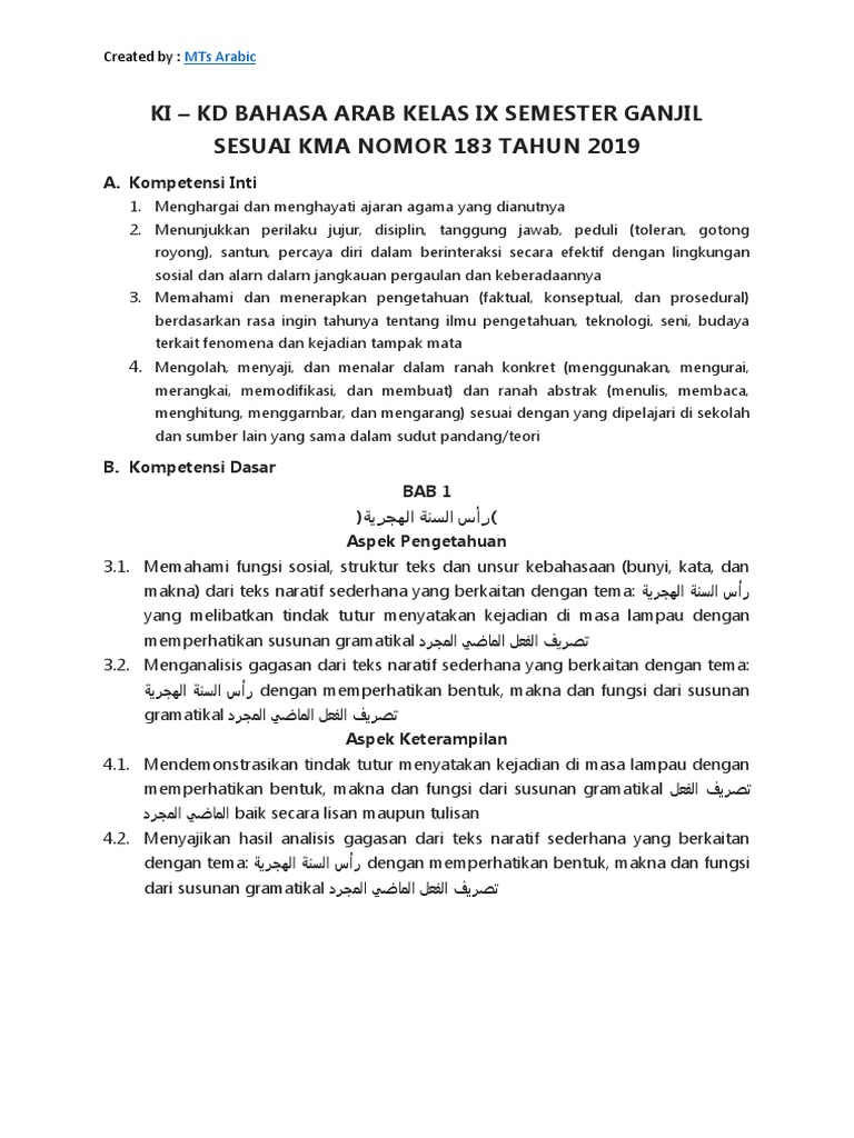 Ki-Kd Bahasa Arab Kelas Ix Semester Ganjil | PDF