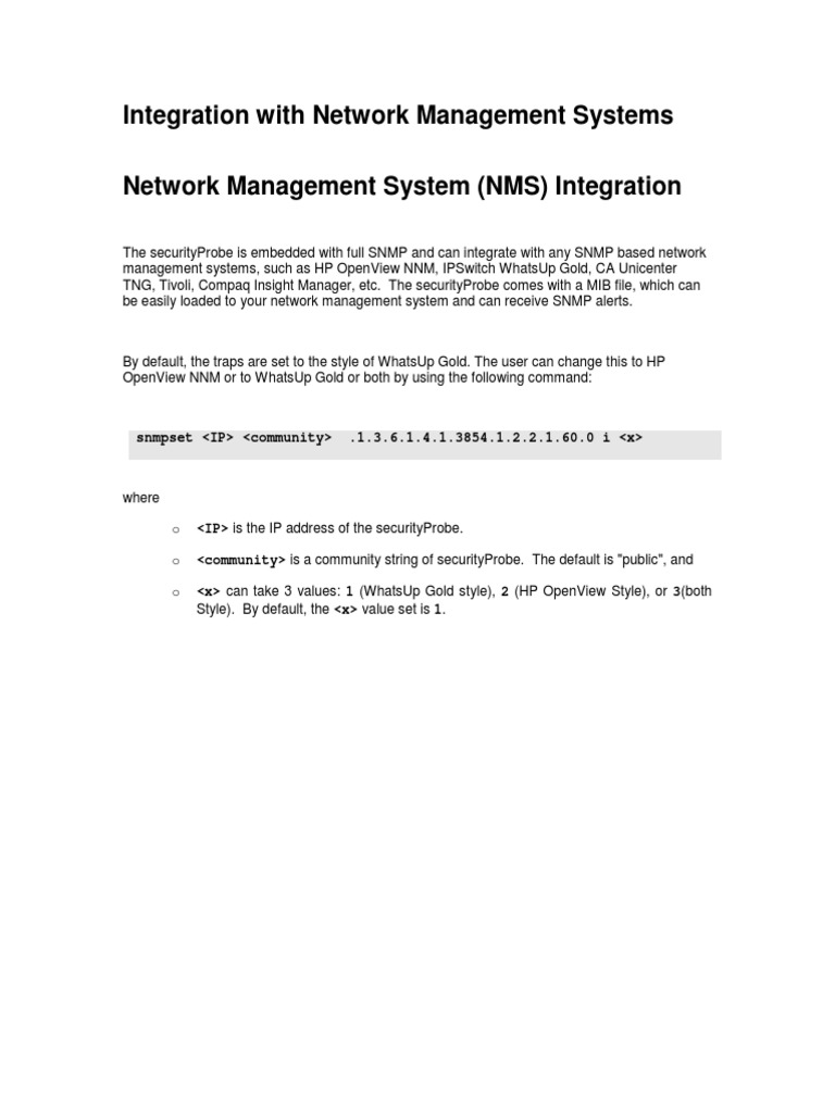 Integration With Network Management Systems: Snmpset .1.3.6.1.4.1.3854 ...