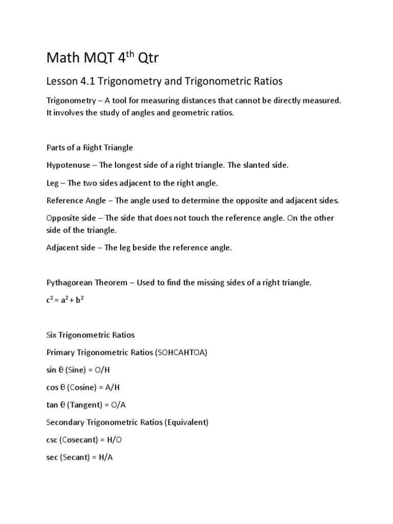 Trigonometry Concepts and Ratios Guide | PDF | Trigonometric Functions ...
