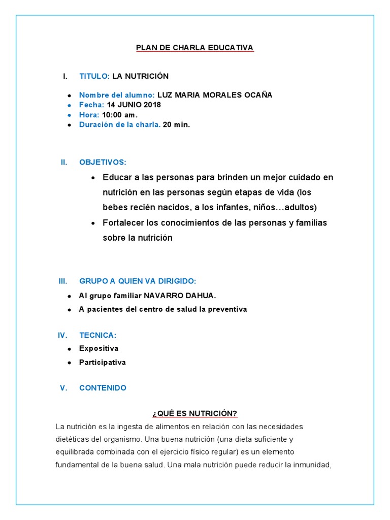 Plan de Charla Educativa Nutricion | PDF | Nutrición | Dieta y nutrición