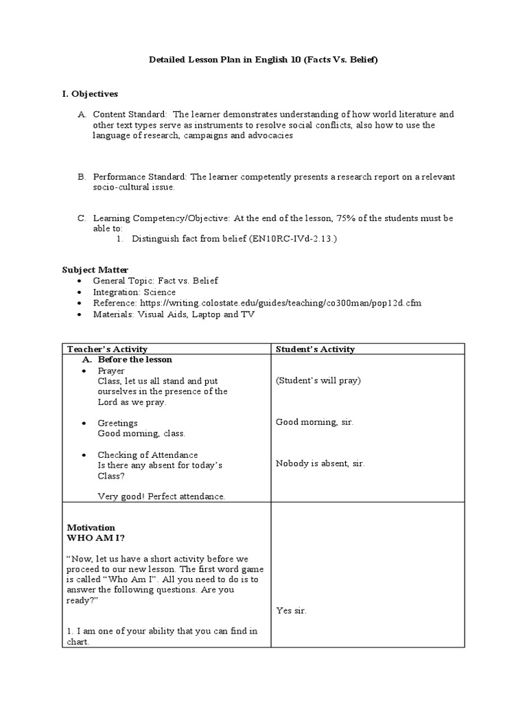Detailed Lesson Plan in English 10 (Facts vs. Belief) | Download Free ...