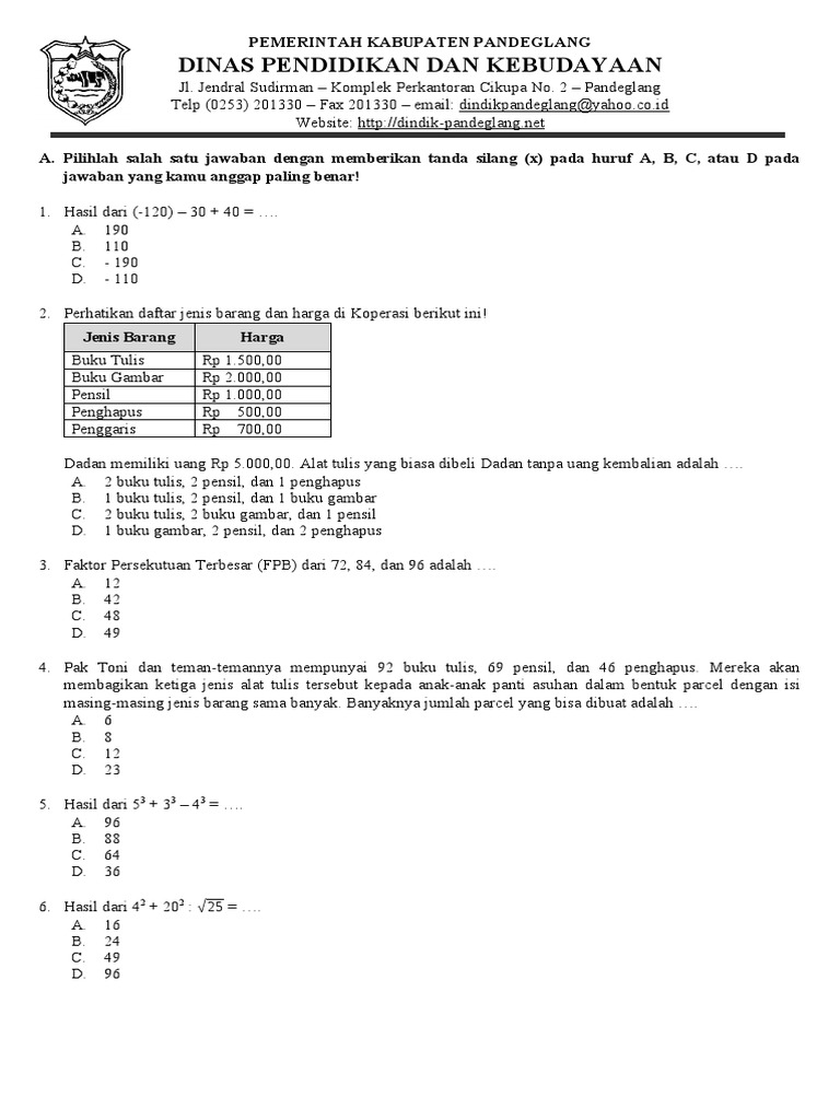 Soal Upk Paket A Matematika | PDF