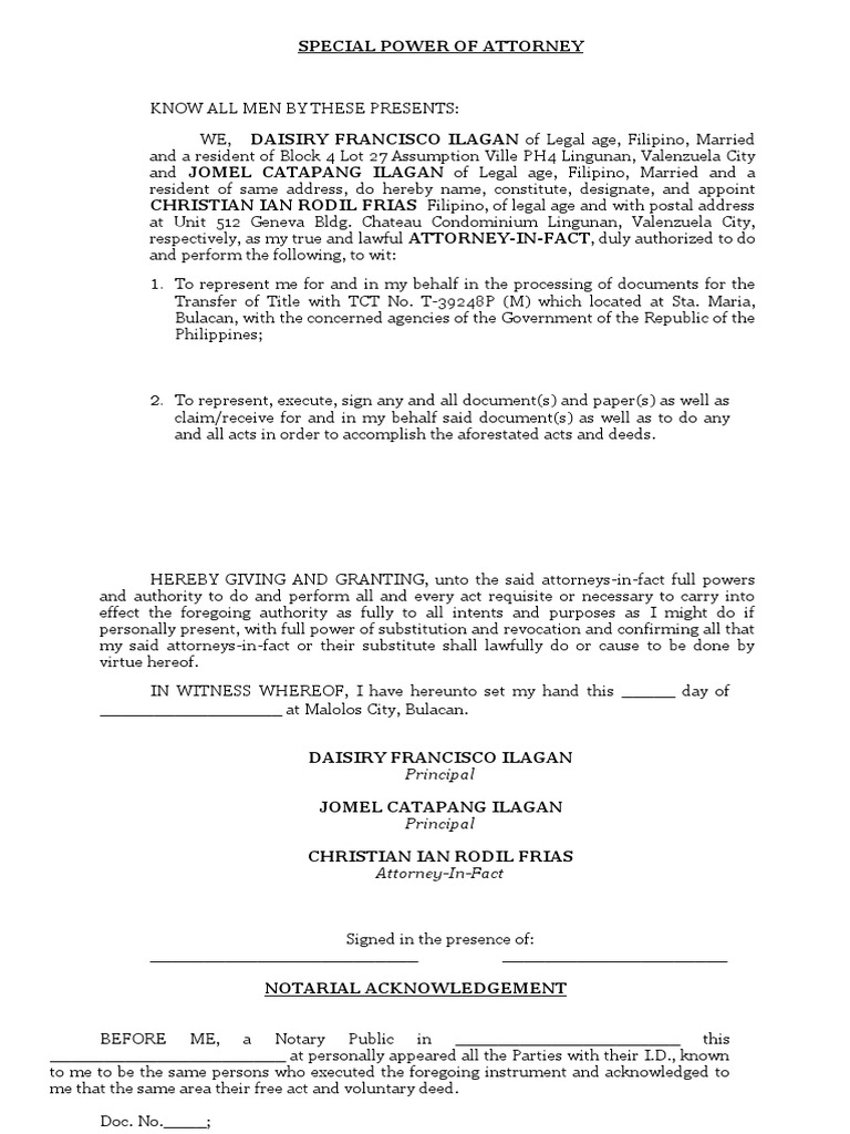 Spa For Transfer Title | PDF | Power Of Attorney | Civil Law (Legal System)