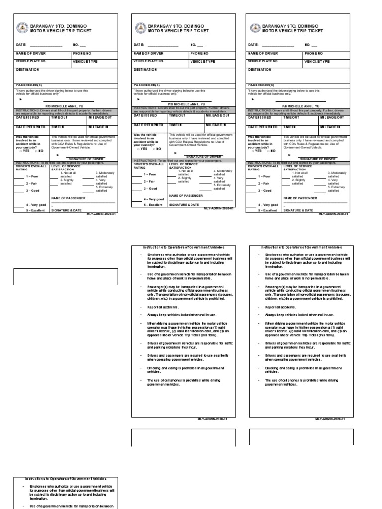 Barangay Vehicle Trip Ticket Form | PDF | Driver's License | Vehicles