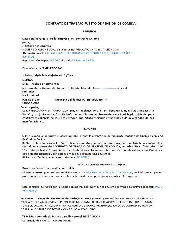 Contrato de Trabajo Chef | PDF | Tiempo de trabajo | Salario