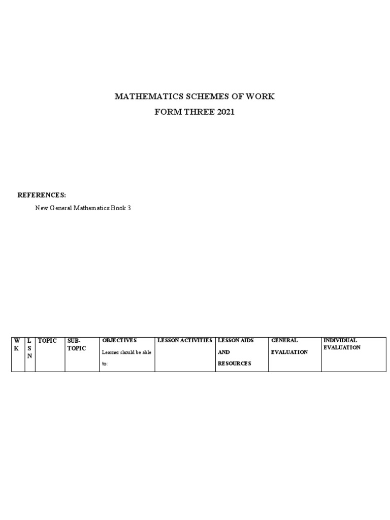 Mathematics Schemes of Work Form Three 2021: New General Mathematics ...
