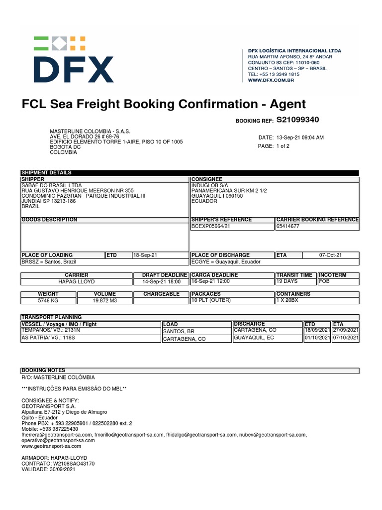 FCL Sea Freight Booking Confirmation - Agent: Shipment Details | PDF ...