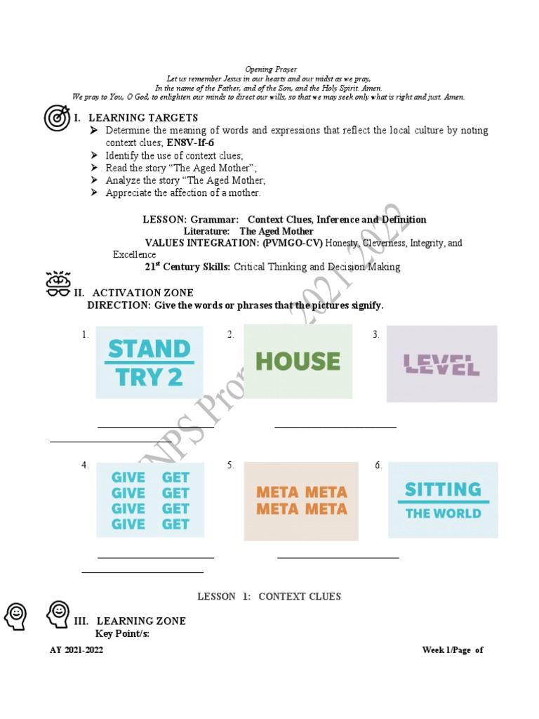 Literature: The Aged Mother VALUES INTEGRATION: (PVMGO-CV) Honesty ...