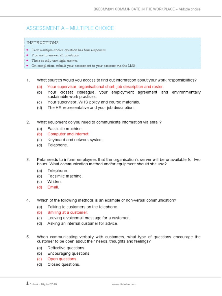 Assessment A - Multiple Choice: Instructions | PDF | Communication ...