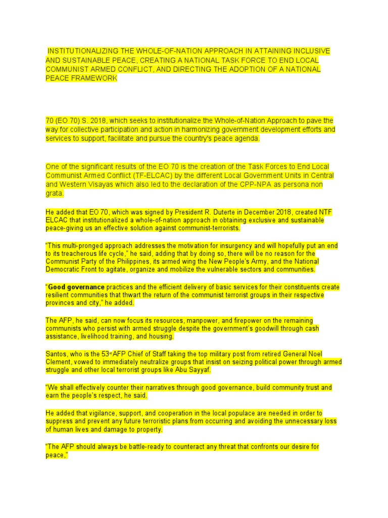 Eo 70 | PDF | Peace | Government