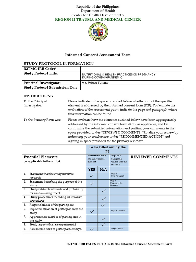 Informed Consent Assessment Form Study Protocol Information: Region Ii ...