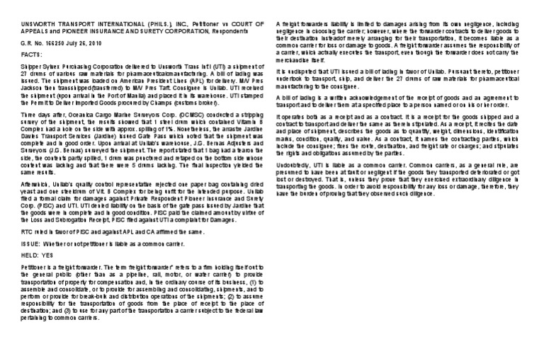 Unsworth Transport International VS Ca | PDF | Cargo | Bill Of Lading