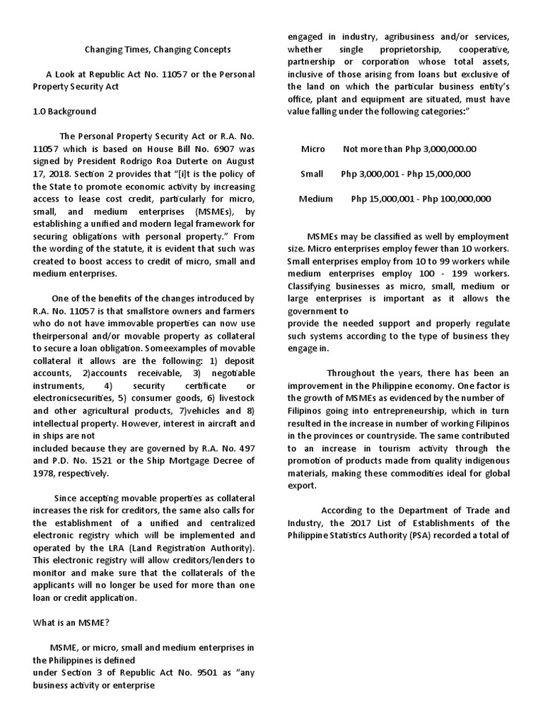 RA 11057 or The Personal Property Security Act | PDF | Mortgage Law | Security Interest