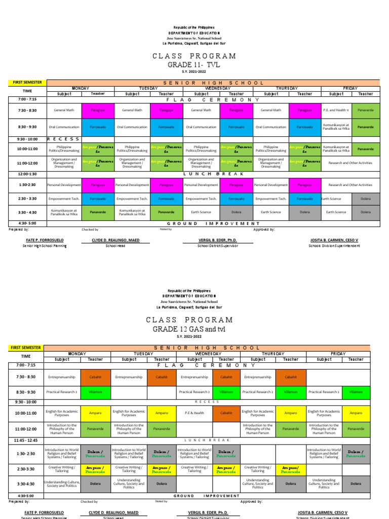 SHS GRADE 12 2021 2022 Class Program 1 | Download Free PDF | Academic ...