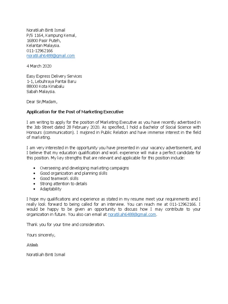 Application For The Post of Marketing Executive | PDF | Career & Growth
