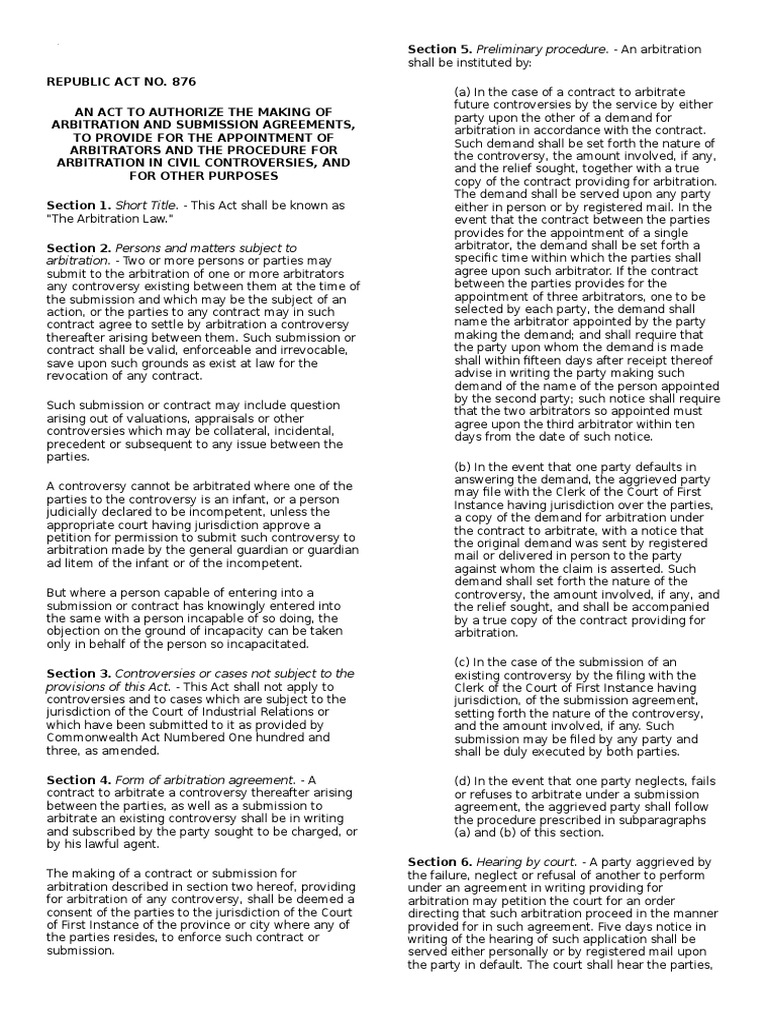 Arbitration Law: RA 876 Overview | PDF | Arbitration | Arbitral Tribunal