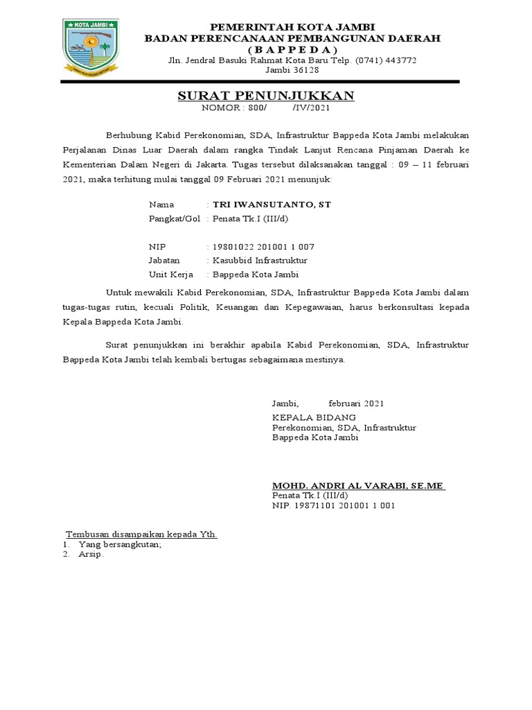 SURAT PENUNJUKKAN PENGGANTI KABID BAPPEDA KOTA JAMBI SELAMA TUGAS DINAS ...