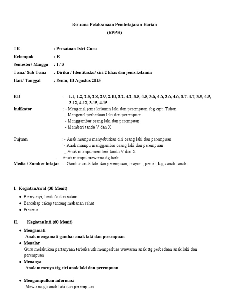 RPPH Kel - B Tema Keluargaku Minggu 5 | PDF