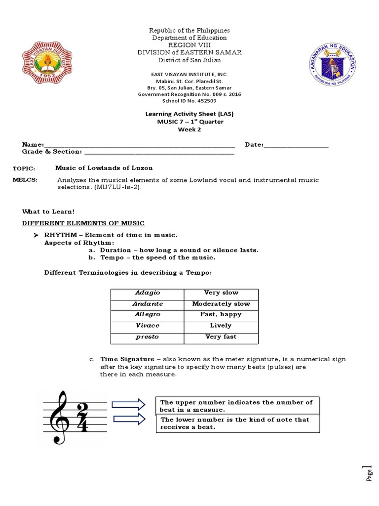Learning Activity Sheet (LAS) Music 7 - 1 Quarter Week 2 | PDF | Tempo ...