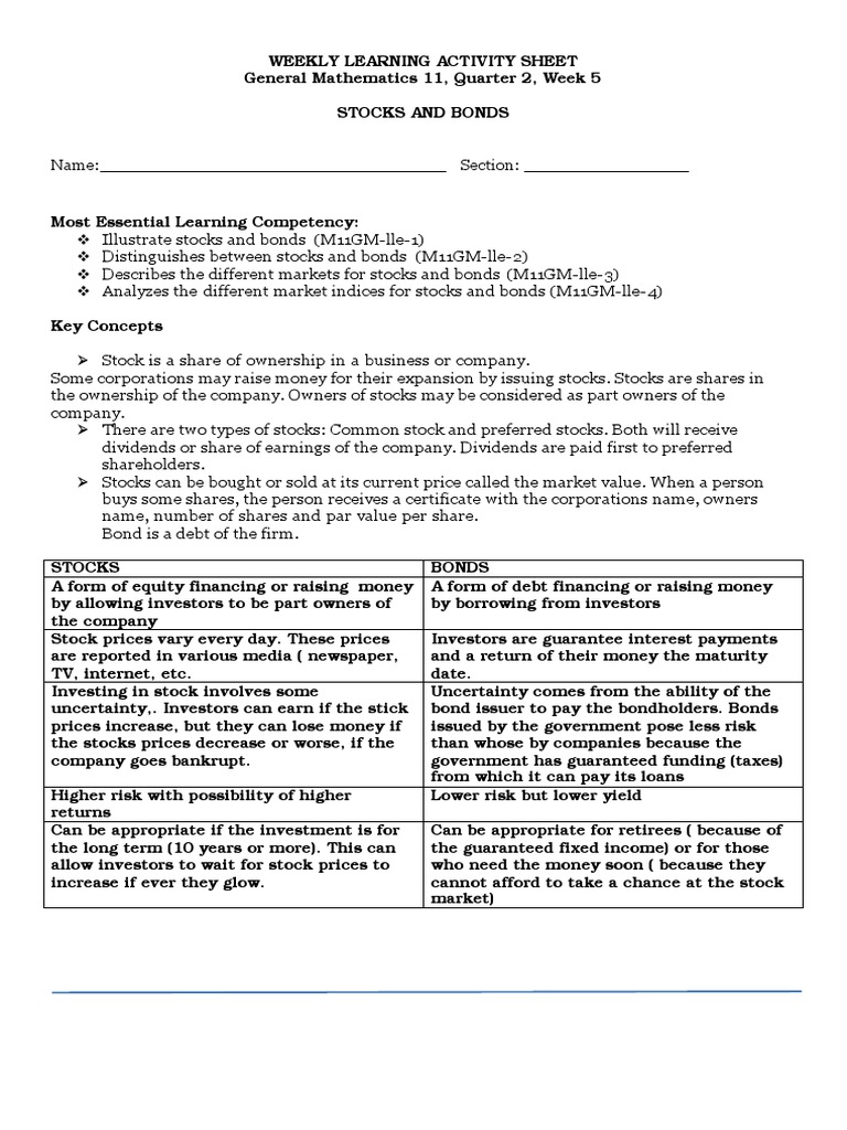 Gen.-Math 11 Q2 WK5 | PDF | Bonds (Finance) | Stocks