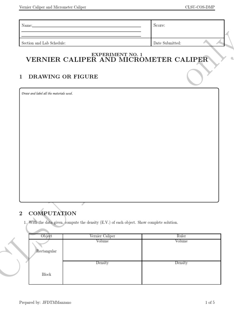 Vernier and Micrometer Activity Sheet | PDF | Density | Metrology