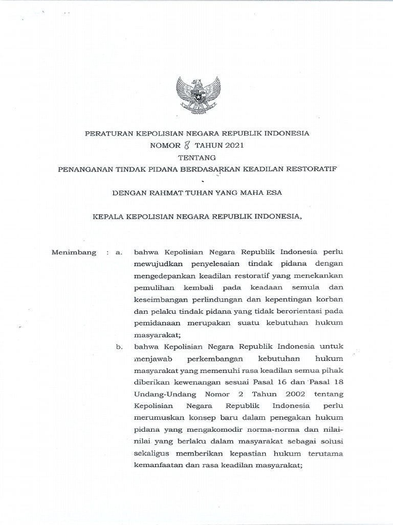 Perpol No 8 THN 2021 TTG Keadilan Restoratif | PDF