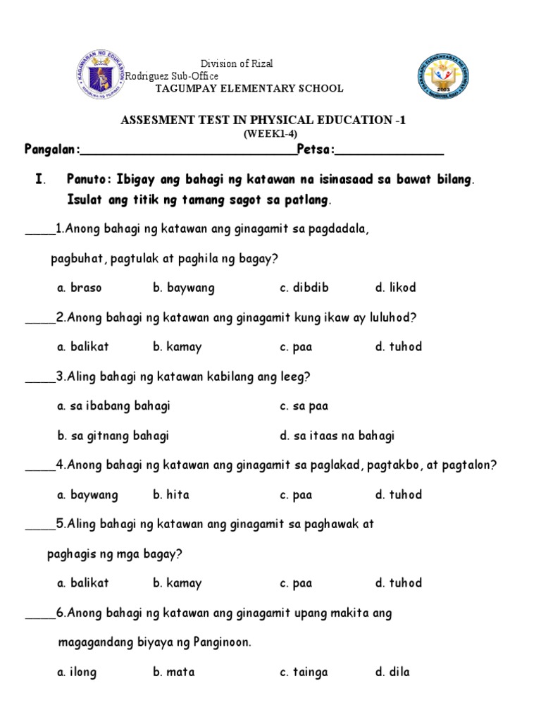 Grade 1 Assessment Test in Pe1 Set A | PDF