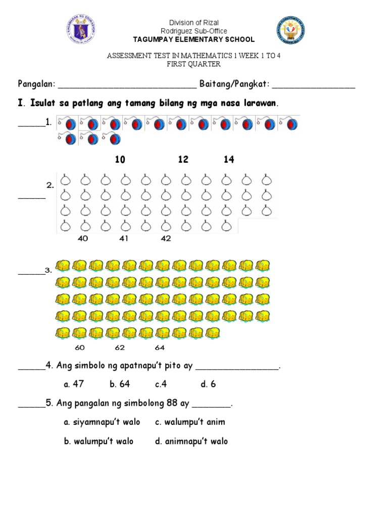 Grade 1 Assessment Test in Math Set A | PDF