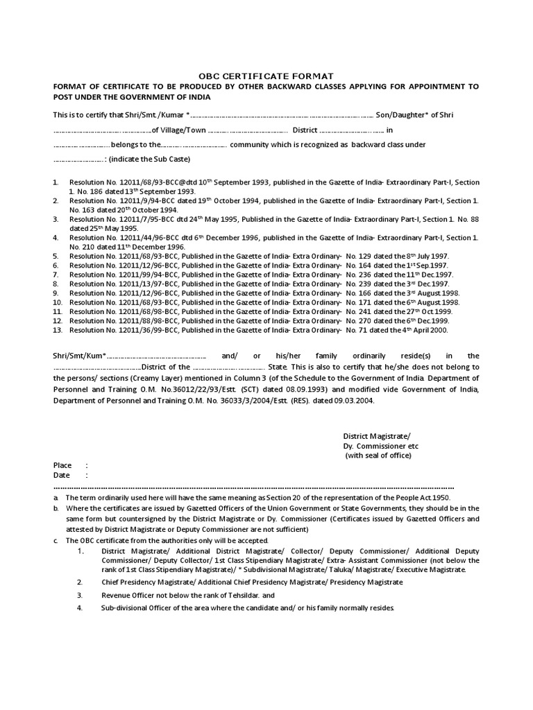 Obc Certificate Format Format of Certificate To Be Produced by Other ...