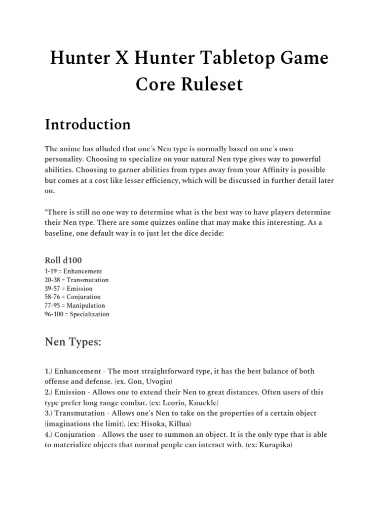 Hunter X Hunter Tabletop Ruleset | PDF | Water | Dice