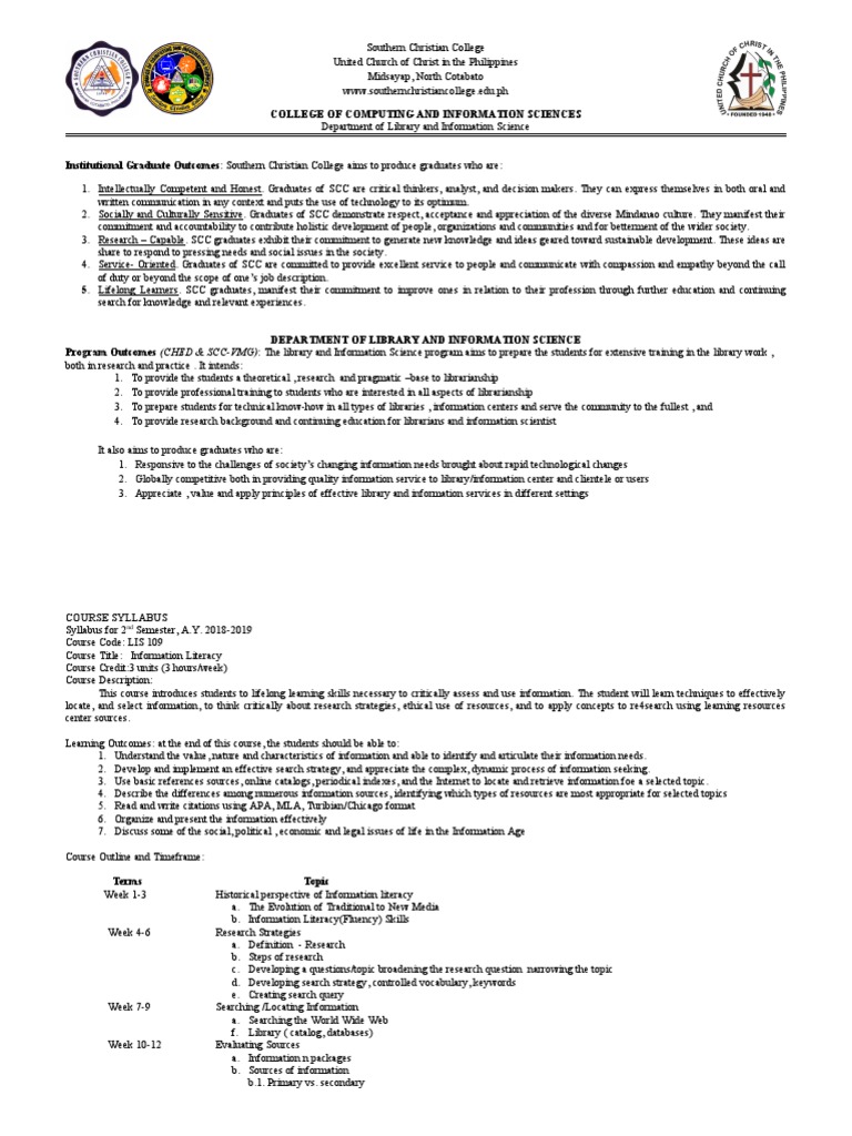 Syllabus LIS109 Information Literacy | PDF | Information Literacy ... Syllabus LIS109 Information Literacy | PDF | Information Literacy ...