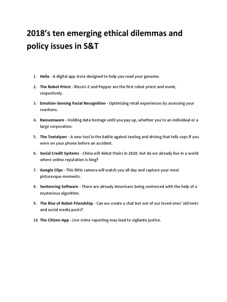 2018's Ten Emerging Ethical Dilemmas and Policy Issues in S&T | PDF