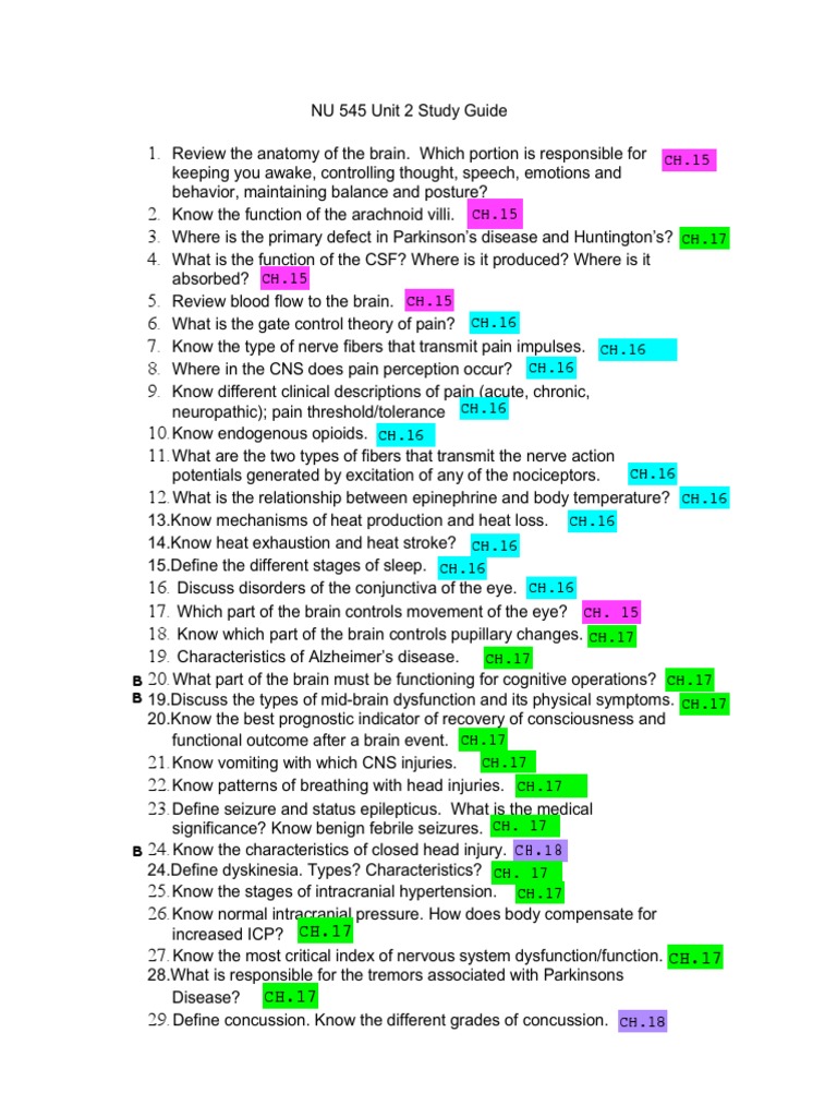 NU 545 Brain and CNS Study Guide | PDF | Pain | Diseases And Disorders