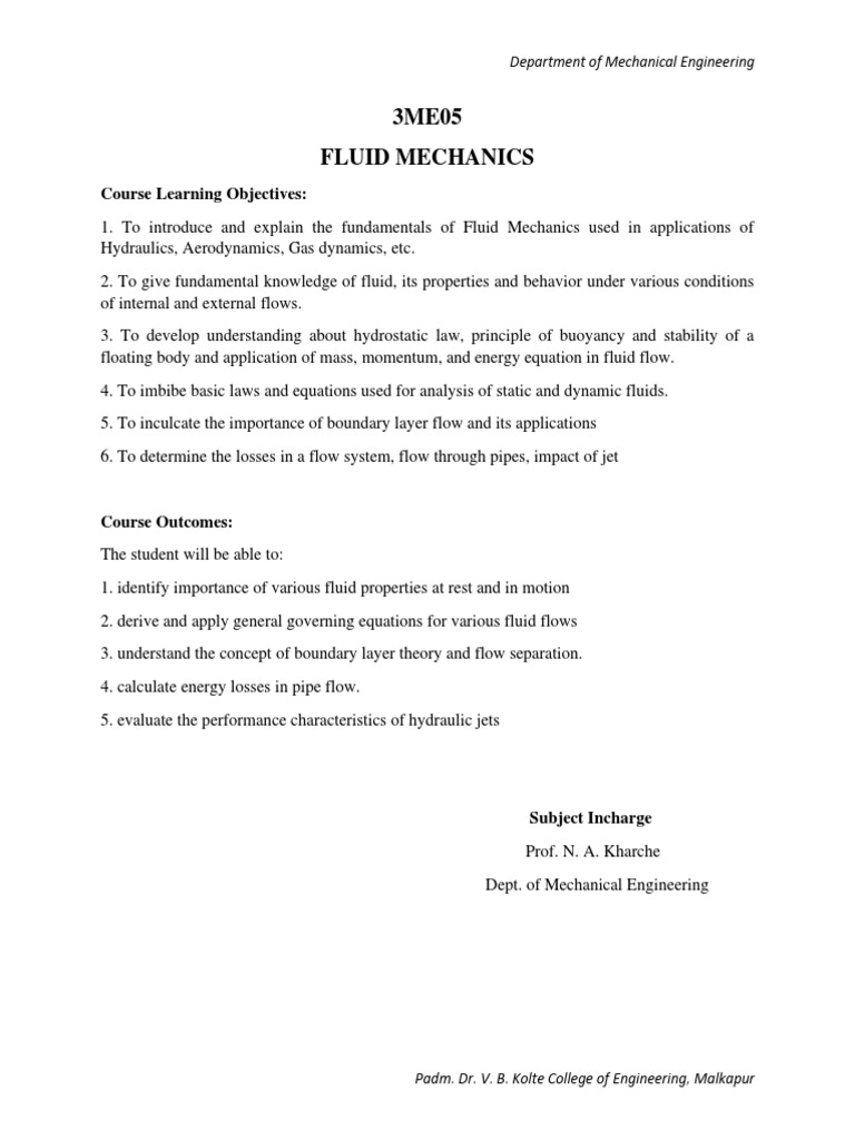 3ME05 Fluid Mechanics: Course Learning Objectives | PDF | Fluid Dynamics | Fluid Mechanics