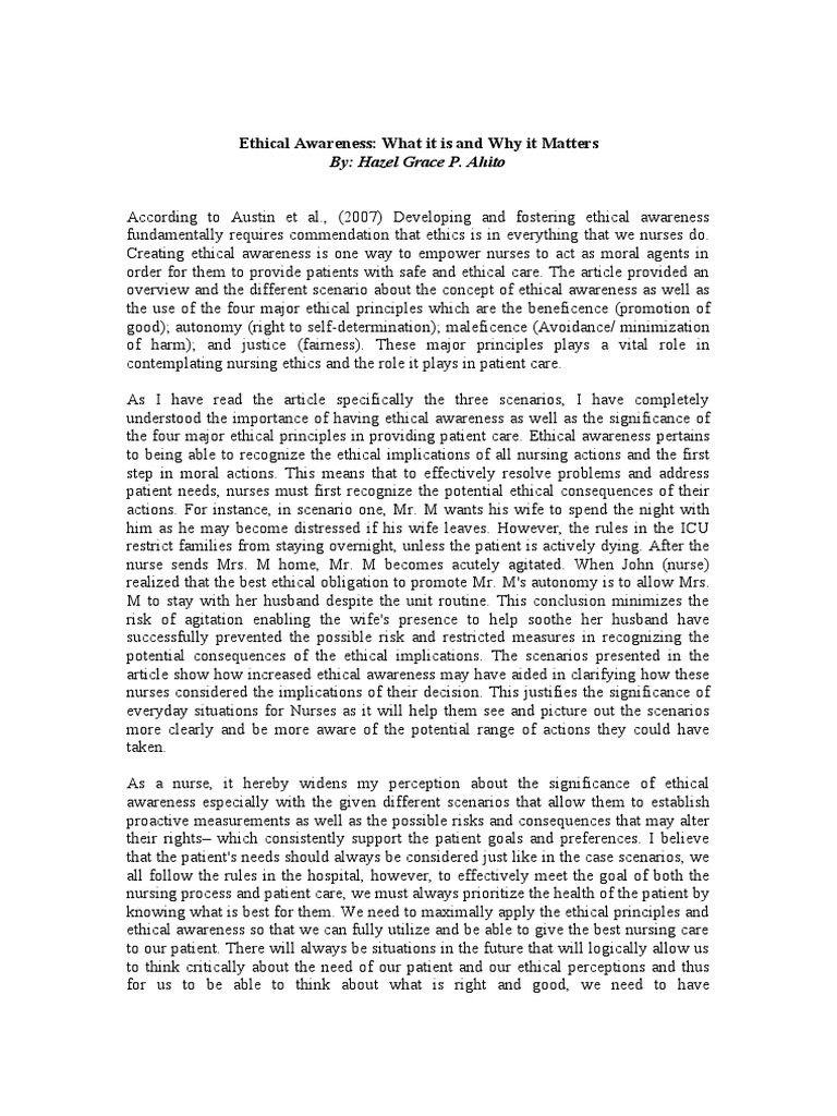 Ethical Awareness in Nursing | PDF | Autonomy | Risk