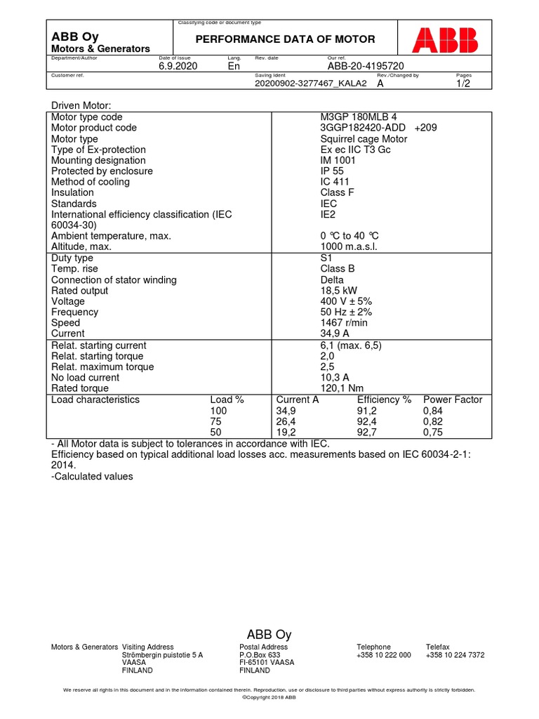 (ABB-20-4195720) TECH DATASHEET For 18.5kW 4p | PDF | Electric Motor ...