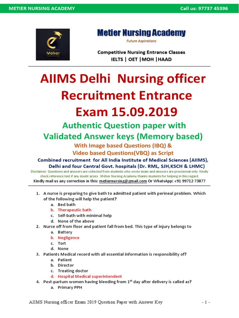 AIIMS Nursing Officer Question Paper With Key 2019-1 | PDF ...