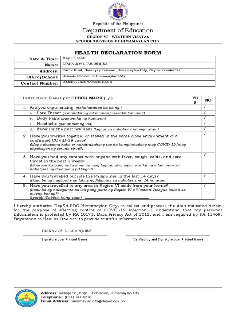 Department of Education: Health Declaration Form | Download Free PDF ...