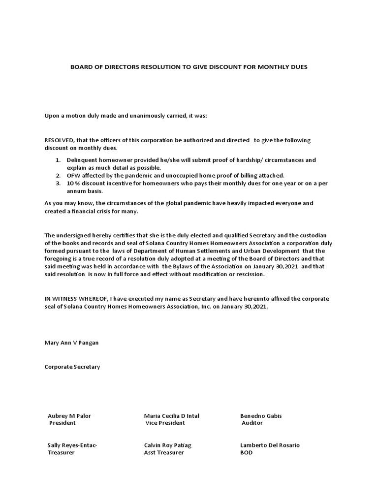 Board of Directors Resolution To Give Discount For Monthly Dues | PDF ...