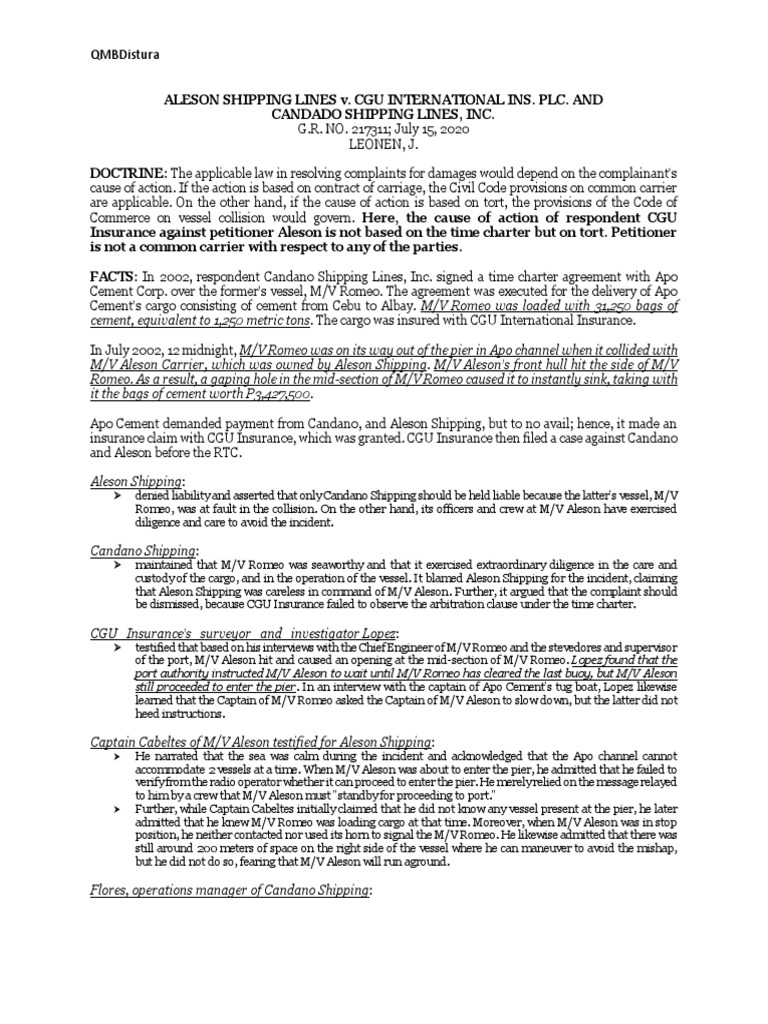 Aleson Shipping Lines | PDF | Legal Liability | Common Carrier