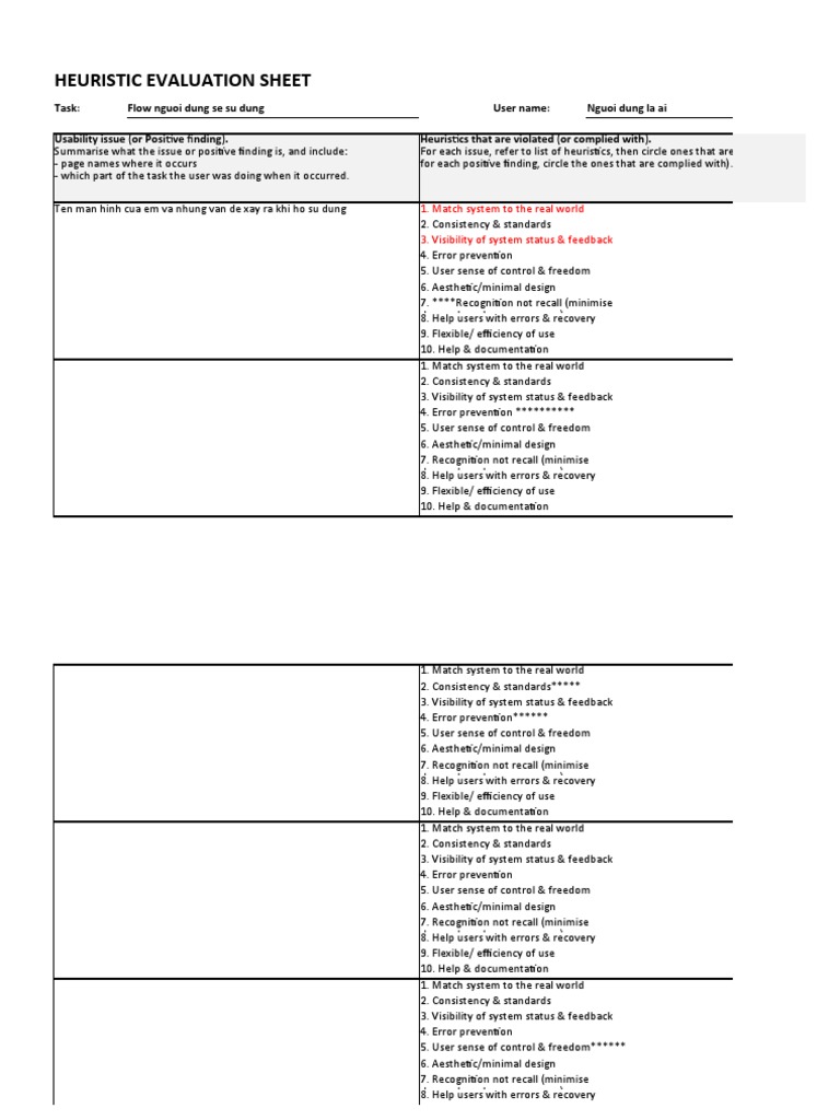 Heuristic Evaluation Sheet | PDF | Usability | Psychological Concepts