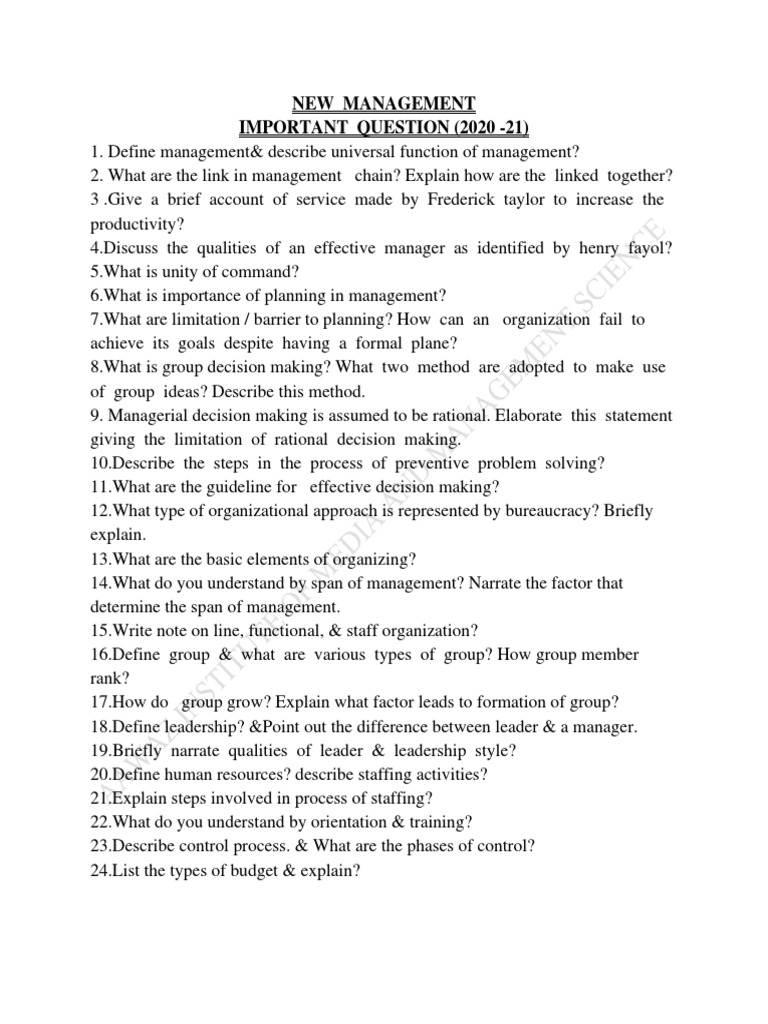Key Management Questions 2020-21 | PDF | Leadership | Decision Making