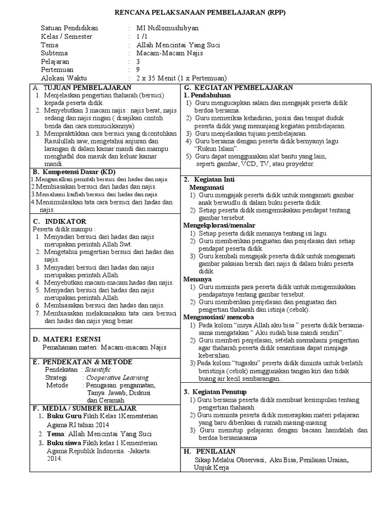 RPP Fikih Kelas 1 Semester 1 Bagian 9 | PDF