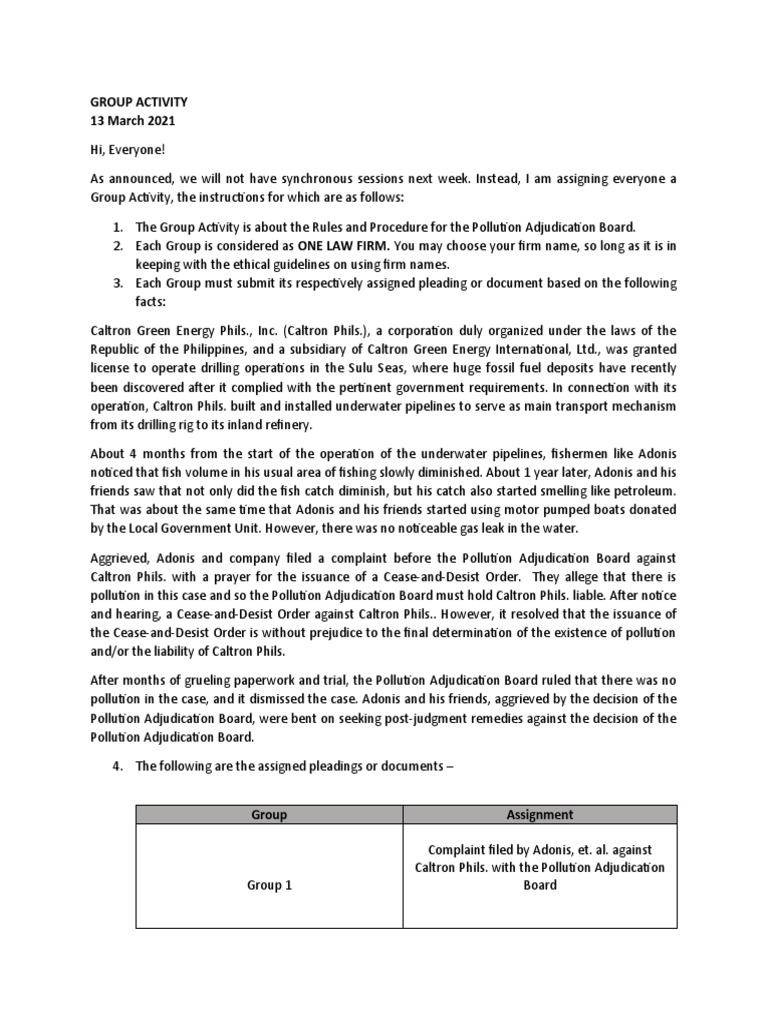 Group Activity - Pollution Adjudication Board - 2021 | PDF | Pleading ...